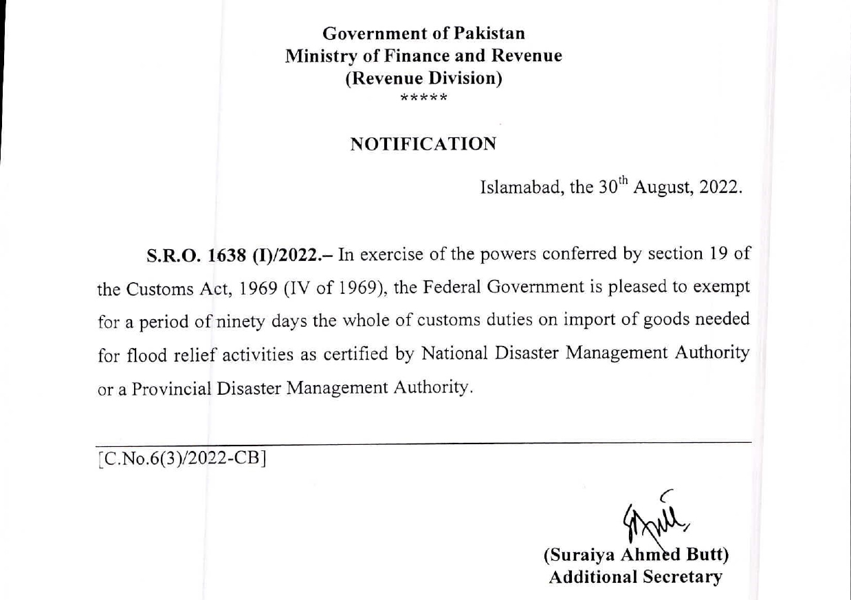 Pakistan High Commission London Exemption Of Duties On Import Of Flood Relief Goods